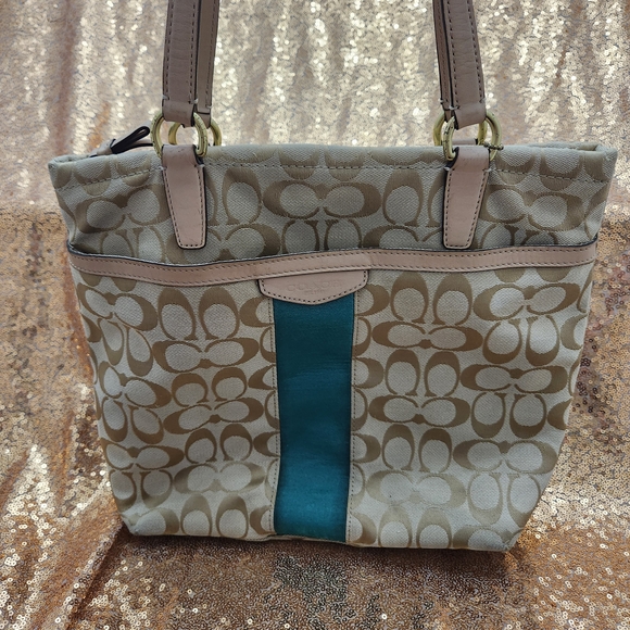 Coach | Bags | Coach Tan Green Stripe Logo Tote Bag | Poshmark